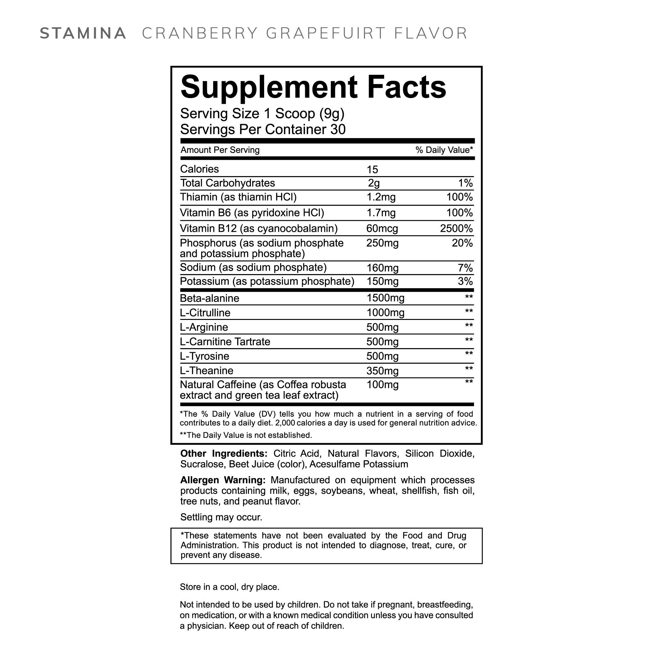 PRTCL STAMINA Cranberry Grapefruit Pre Workout Energy BCAA Supplement Powder; 30 Servings, 270g Pouch