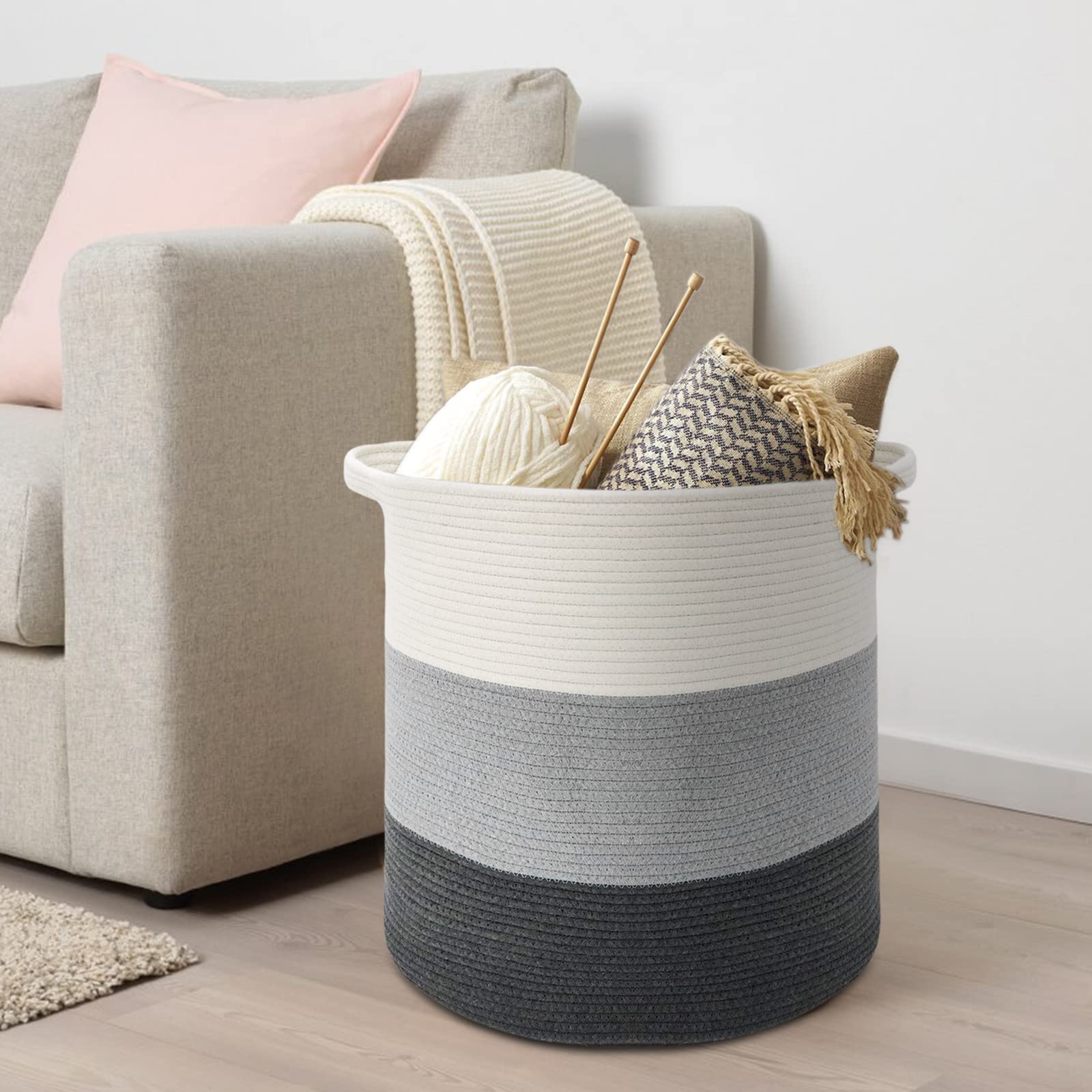 XKY XXXLarge Baskets Laundry Hamper,Rope Storage Basket with Long Handles,Decorative Basket for Living room,Woven Storage Basket for Toys Bin,Pillows, Blankets,Clothes-18x20in-Gradient Gradient Gray