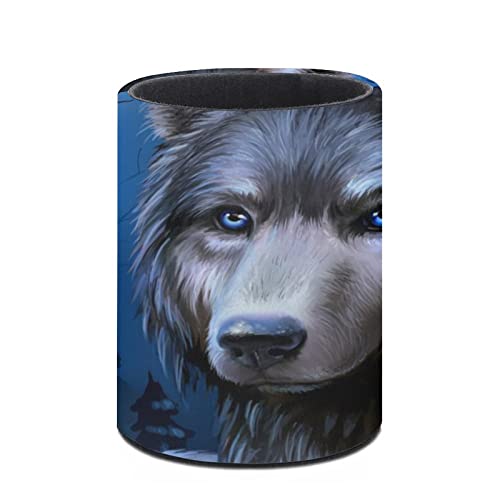 Moon Wolf Pen Holder PU Leather Pencil Cup Cute Desk Organizer Makeup Brush Box for Home Office