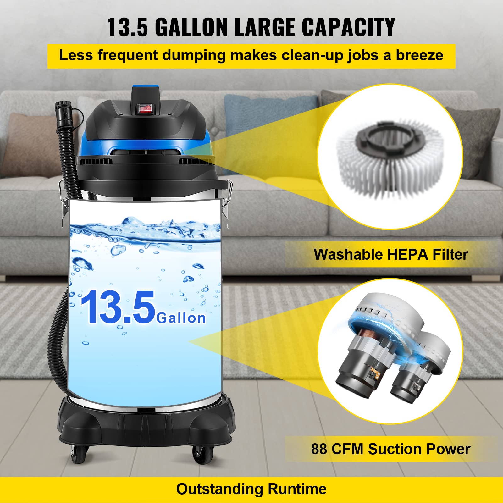VEVOR Heavy-Duty Shop Vacuum 3 Hepa Dust Collector, 13.5 GAL, Silver,Black