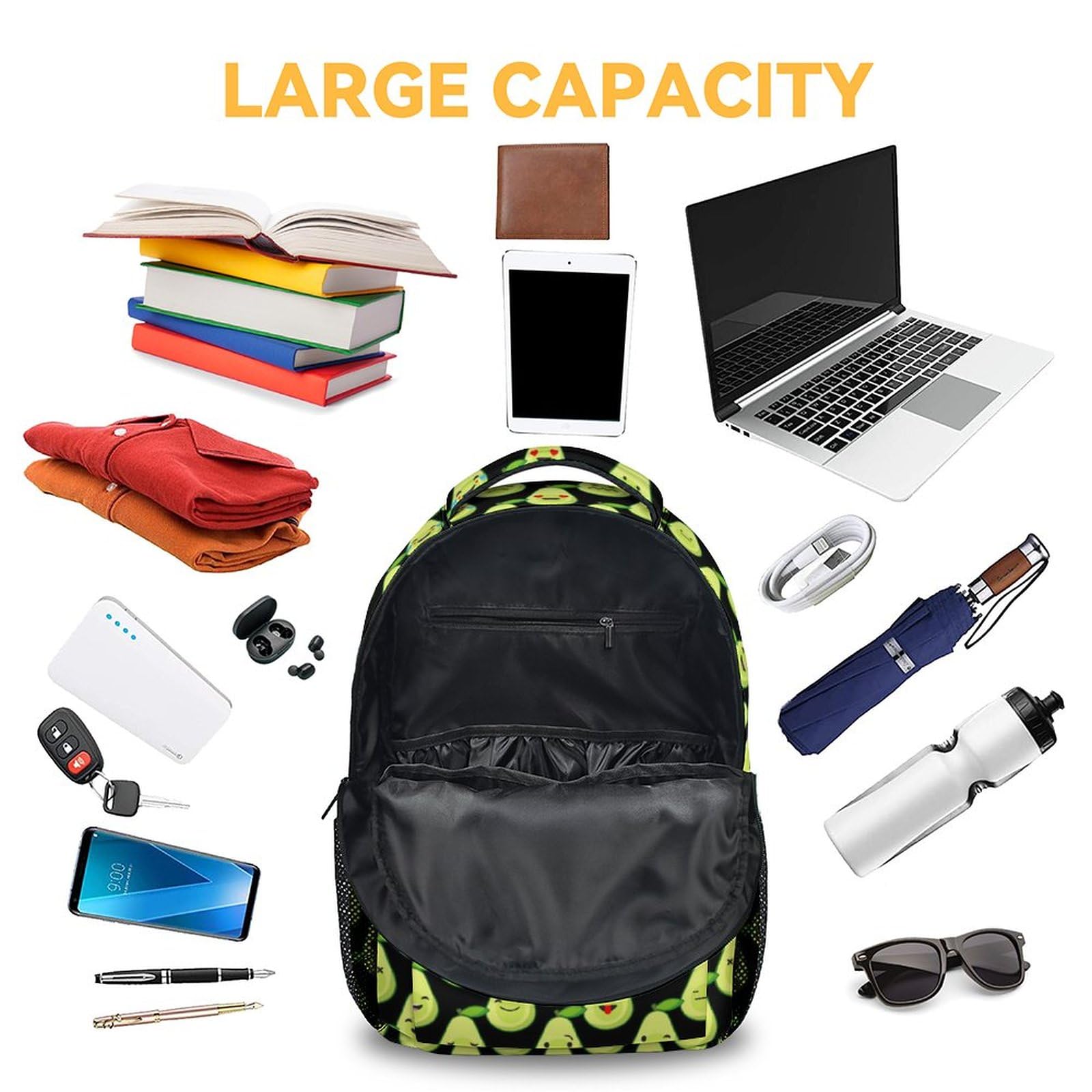 NICEFORNICE Avocado Backpacks Kids, 16 Inch Cute Backpack for School, Black Lightweight Bookbag for Girls