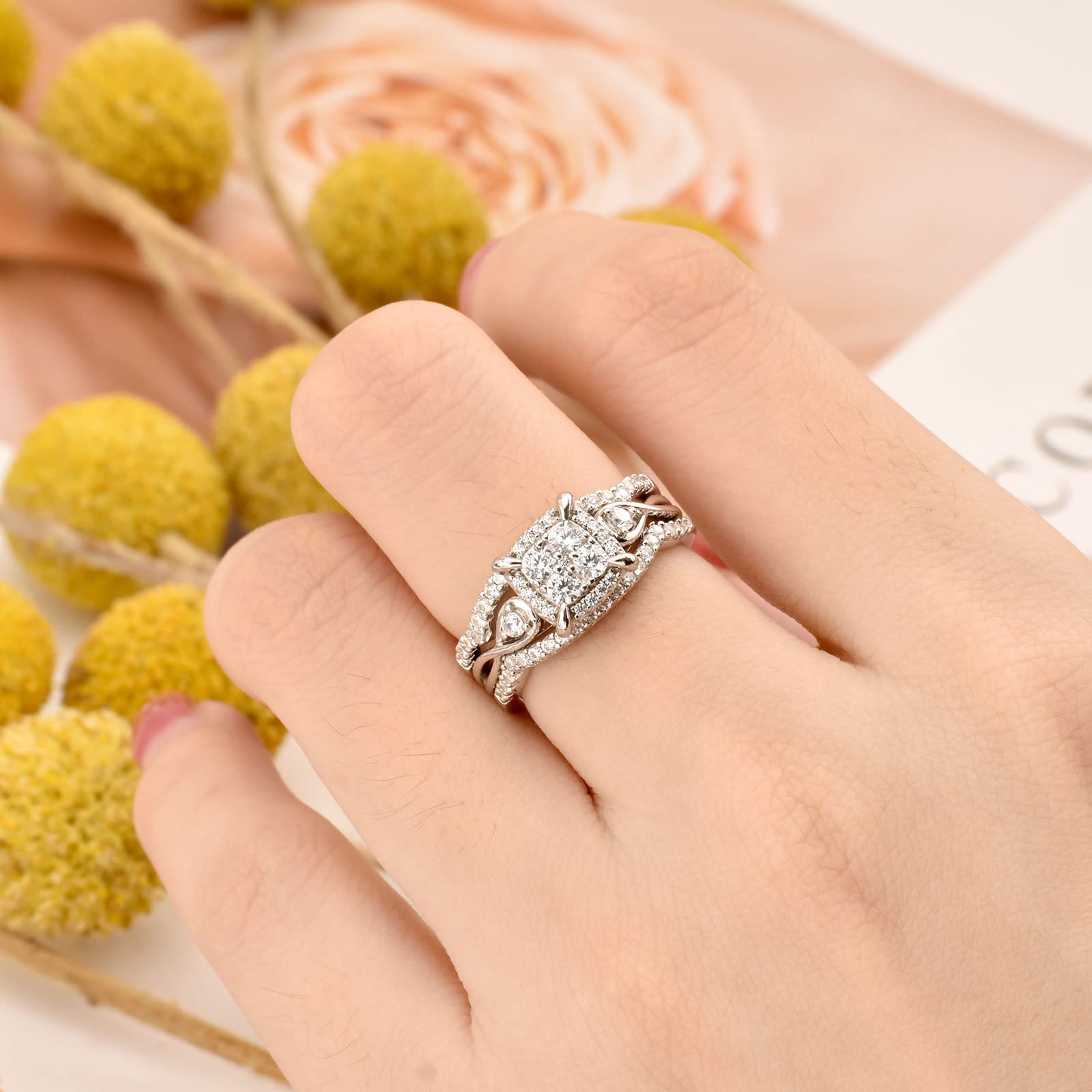 SHELOVES 3Pcs Round White Cubic Zirconia Princess Halo Wedding Ring Set Solid Sterling Silver Vintage Style Sz 9