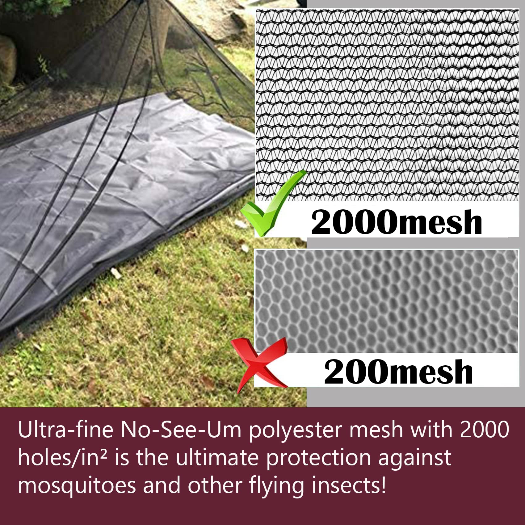 No-See-Um Camping Mosquito Net Bed Compact and Ultra-Light for Travel,Finest Holes Mesh 2000 Noseeum Netting for Camping and Hiking, Without Sleeping Mat (Single Light Grey Color,M)