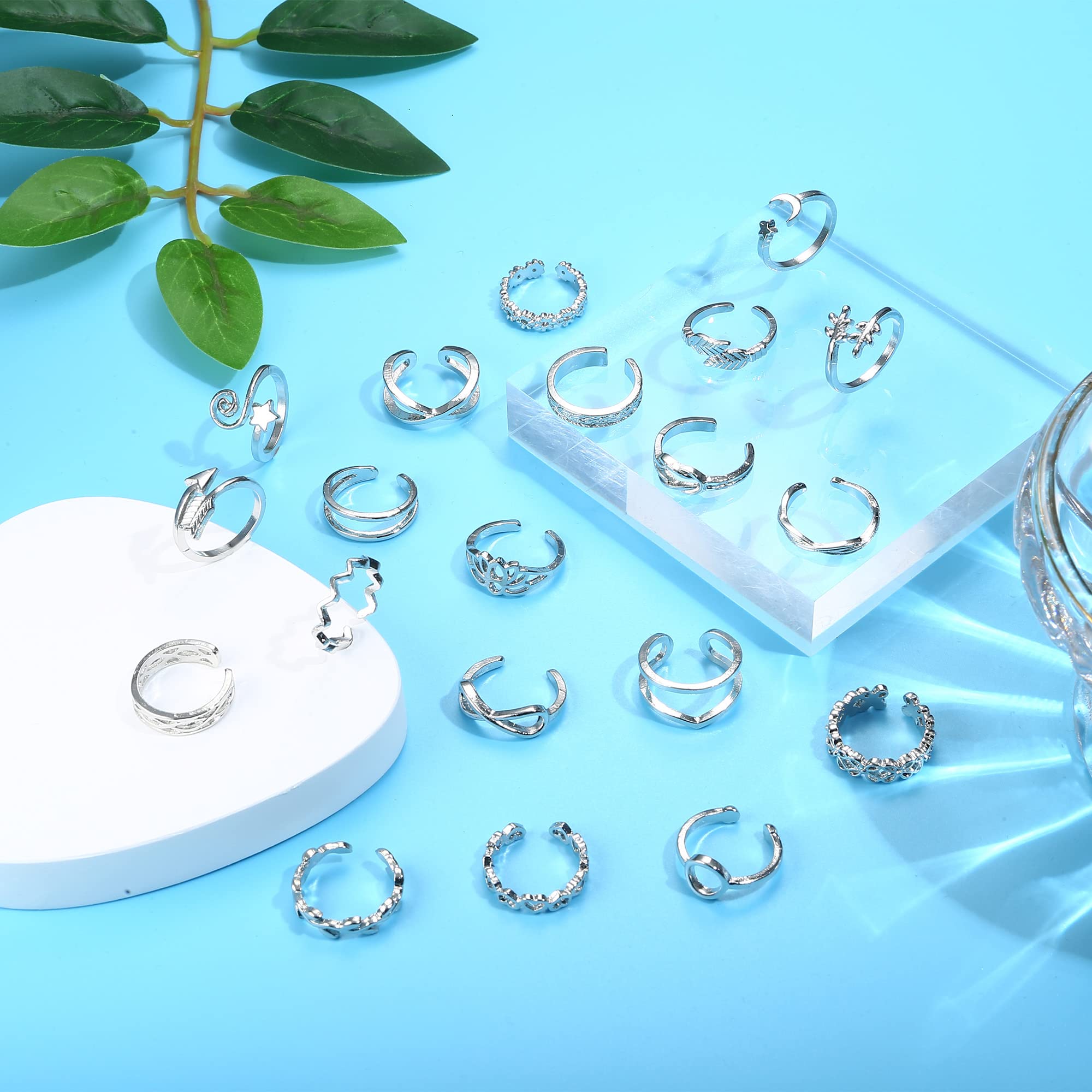 UBGICIG 25 Pcs Toe Rings and Ankle Bracelets for Women Silver Layered Anklets Open Adjustable Toe Rings for Summer Beach Foot Jewelry