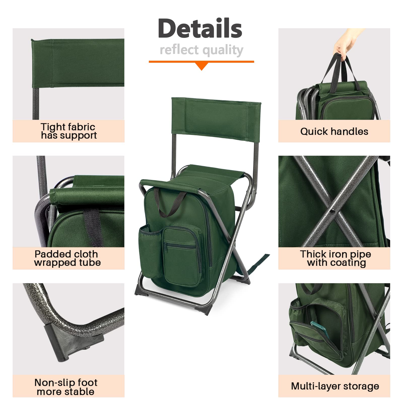 PORTAL Lightweight Backrest Stool Compact Folding Chair Seat with Cooler Bag and Backpack Straps for Fishing, Camping, Hiking, Supports 225 lbs