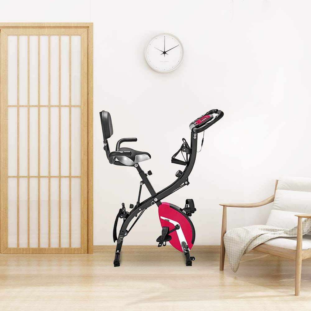 PEXMOR 3 in 1 Adjustable Folding Exercise Bike Convertible Magnetic Upright Recumbent Bike with Arm Bands and Leg Bands (Red)