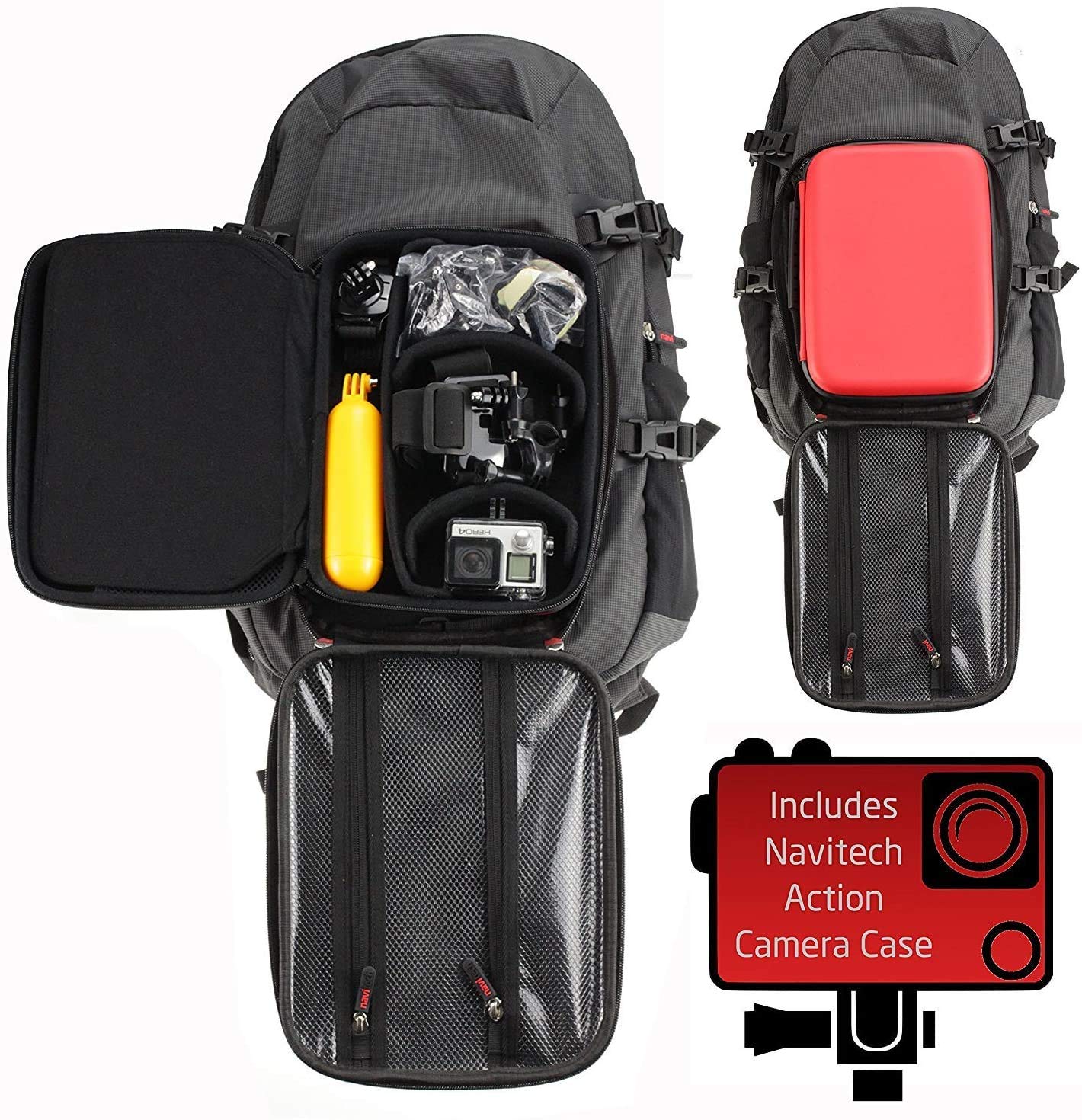 Navitech Action Camera Backpack & Red Storage Case With Integrated Chest Strap - Compatible With The AKASO V50 Pro Native