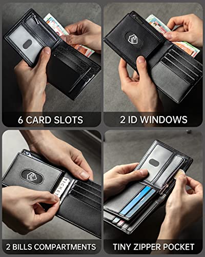 YESIIW Leather Wallet with Stealth Pocket | Top Grain Leather | Bifold,Triple Stack | RFID Blocking | 16-18 Card Capacity | Bill Divider | Zipper Coin Pocket | ID Window | Apple AirTag Holder (Black)