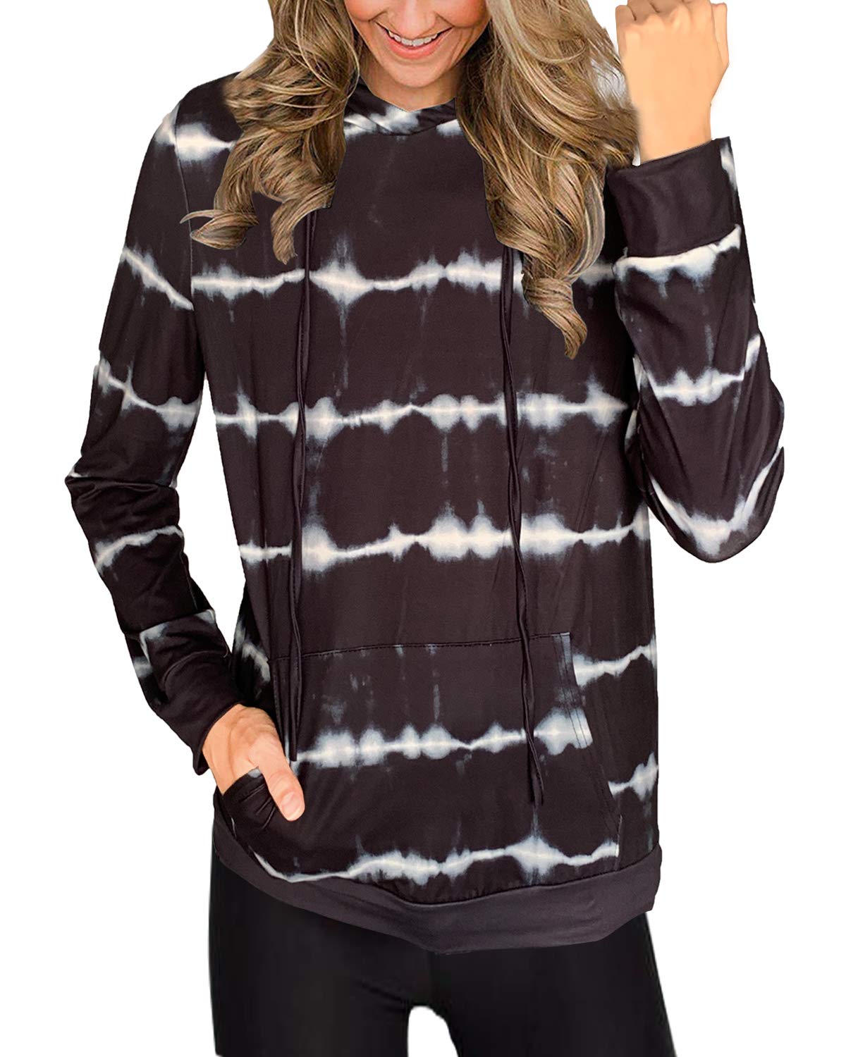 NEWCOSPLAY Women's Hoodies Tops Tie Dye Sweatshirt Long Sleeve Drawstring Pullover with Pocket (Medium, Stripe-black)