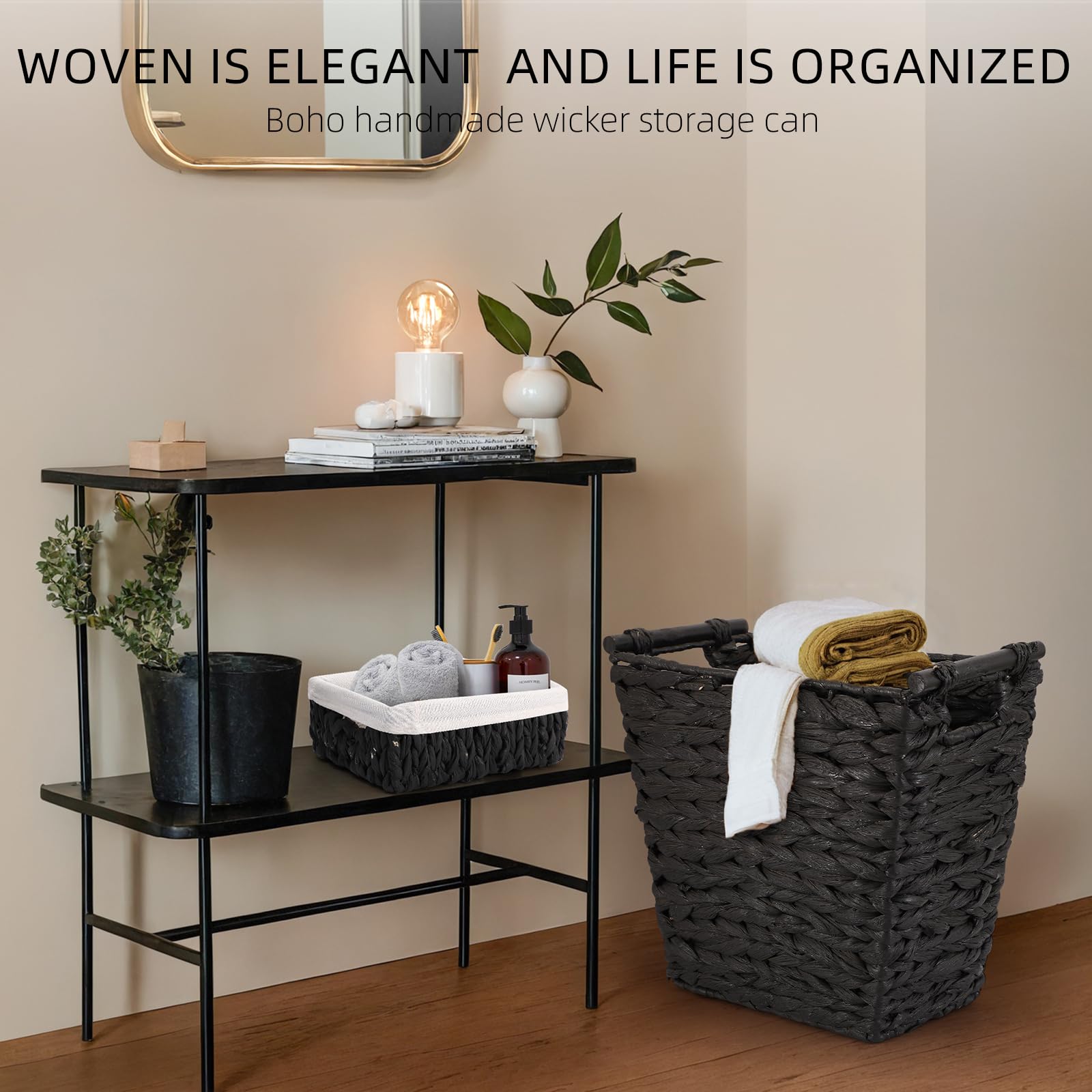 XLHOMO Wicker Storage Basket 3.5Gallon Wicker Trash Can, Waterproof Wicker Basket Handwoven Brown Wicker Basket Narrow Small Trash Can with Wicker Storage Basket for Bathroom, Bedroom, Office