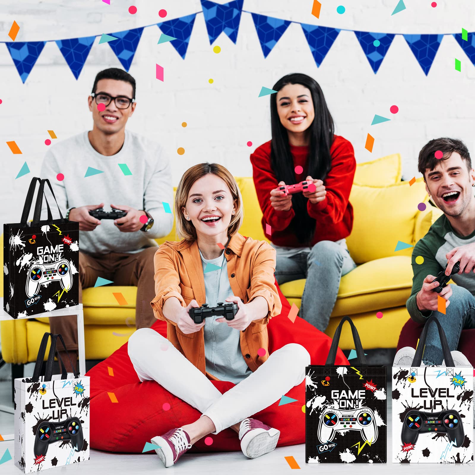 Sweetude 30 Pcs Video Game Gift Bag with Handle Game Party Supplies Reusable Gaming Non Goody Bag for Girl Boy, 2 Styles(Black, White)