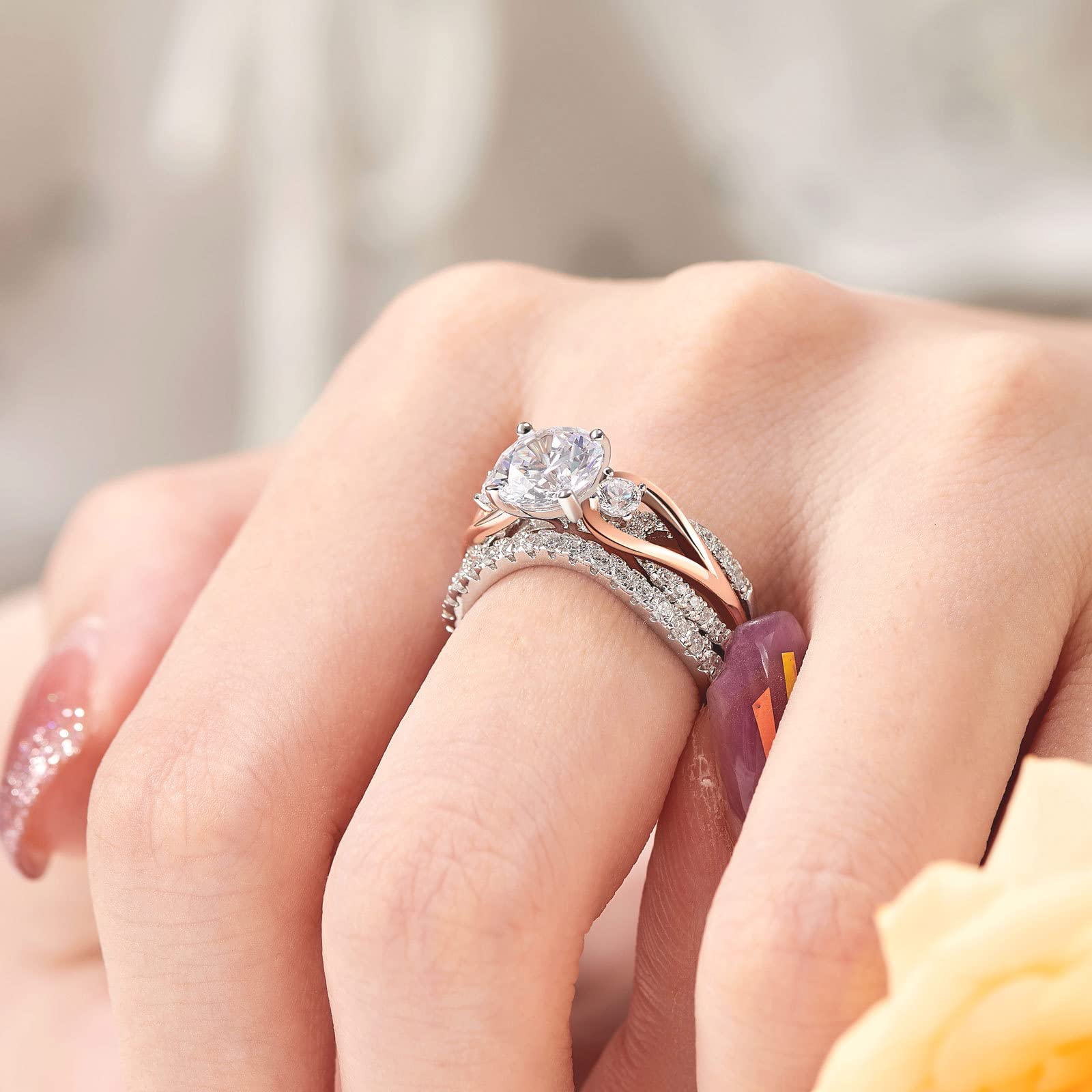 SHELOVES Rose Gold Three Stone Round Cut CZ Engagement Wedding Rings Set 925 Sterling Silver Sz 7