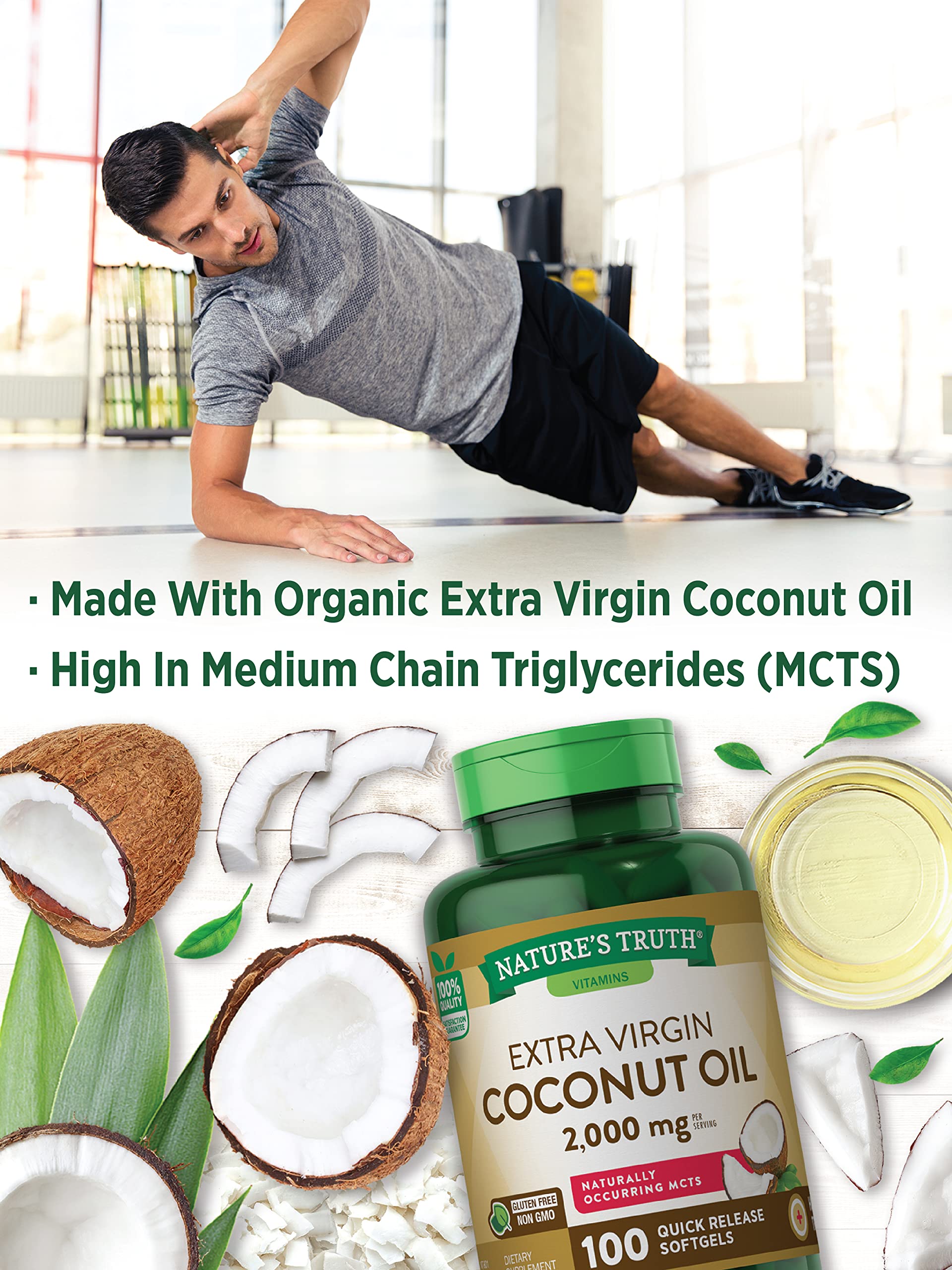 Nature's Truth Coconut Oil Capsules | 100 Softgels | Naturally Occuring MCTs | Non-GMO & Gluten Free