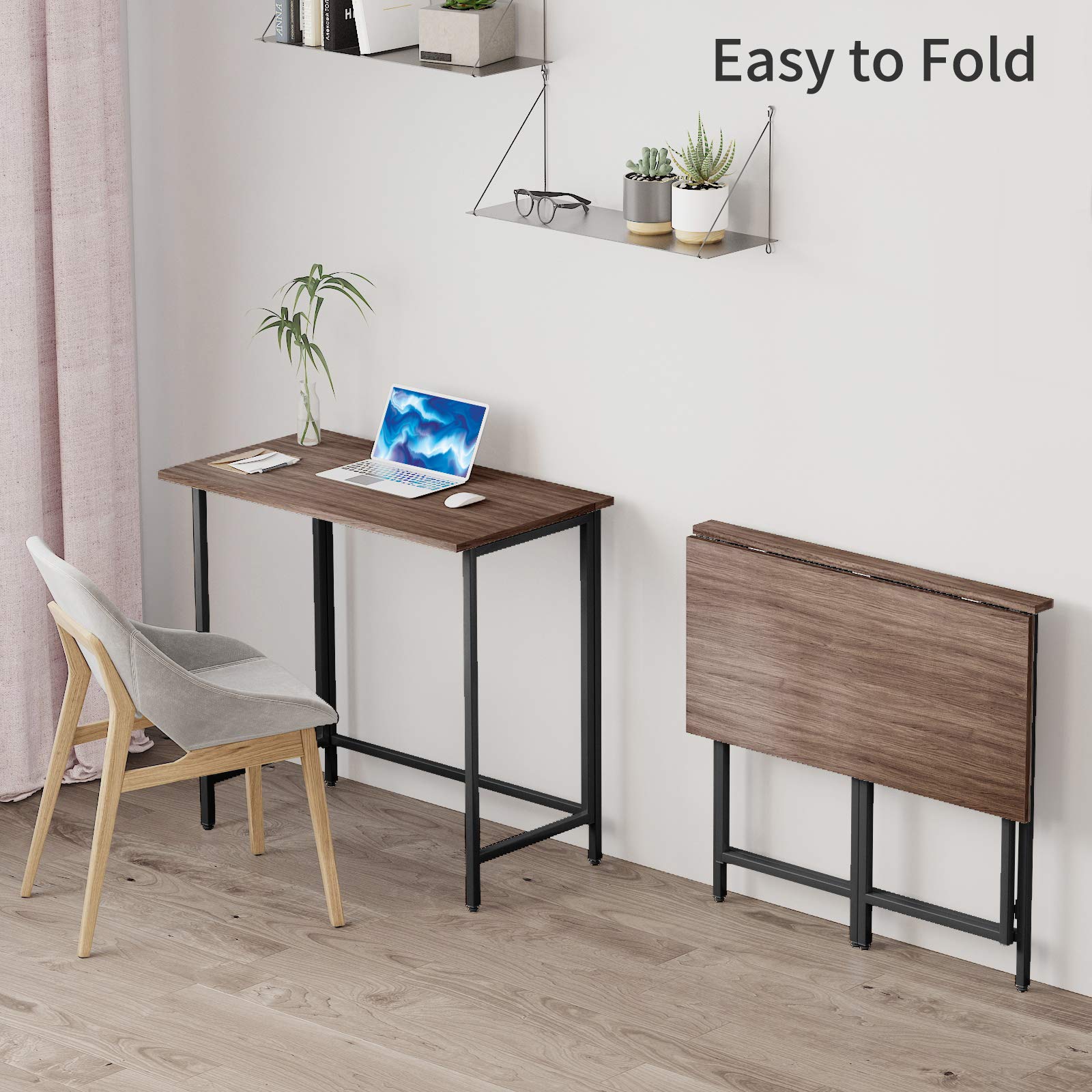 NOBLEWELL Folding Desk No Assembly Small Foldable Computer Desk, Home Office Writing Desk for Small Space, Grained Brown