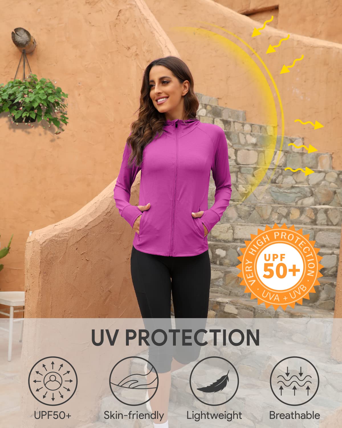 We1Fit Women's UPF 50+ Sun Protection Jacket Hoodie Sun Shirts Hiking Running Athletic Shirt Rose Red