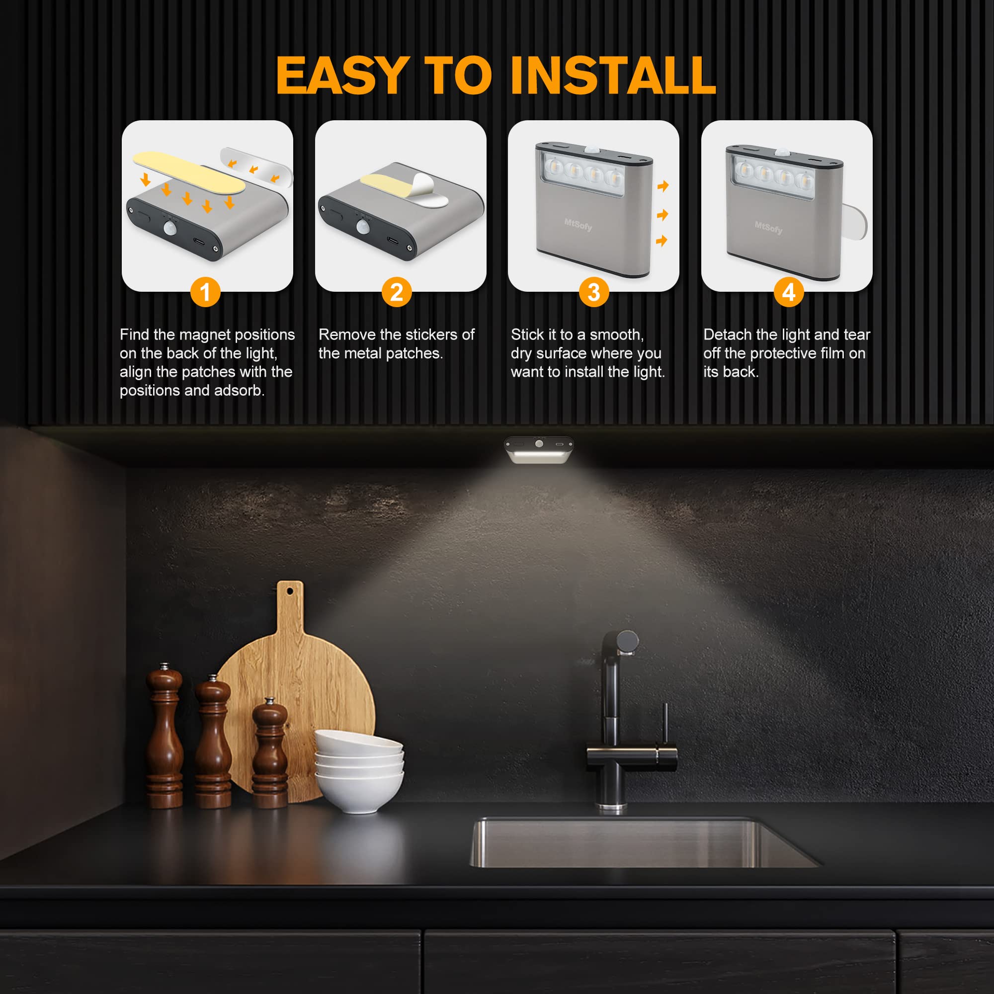 MtSofy Motion Sensor Light Indoor - Under Cabinet Lights Wireless | USB Rechargeable 1800ma Closet Light - LED Night Light for Kitchen, Wardrobe, Stairway, Hallway, Garage - 1 Pack, Dark Gray