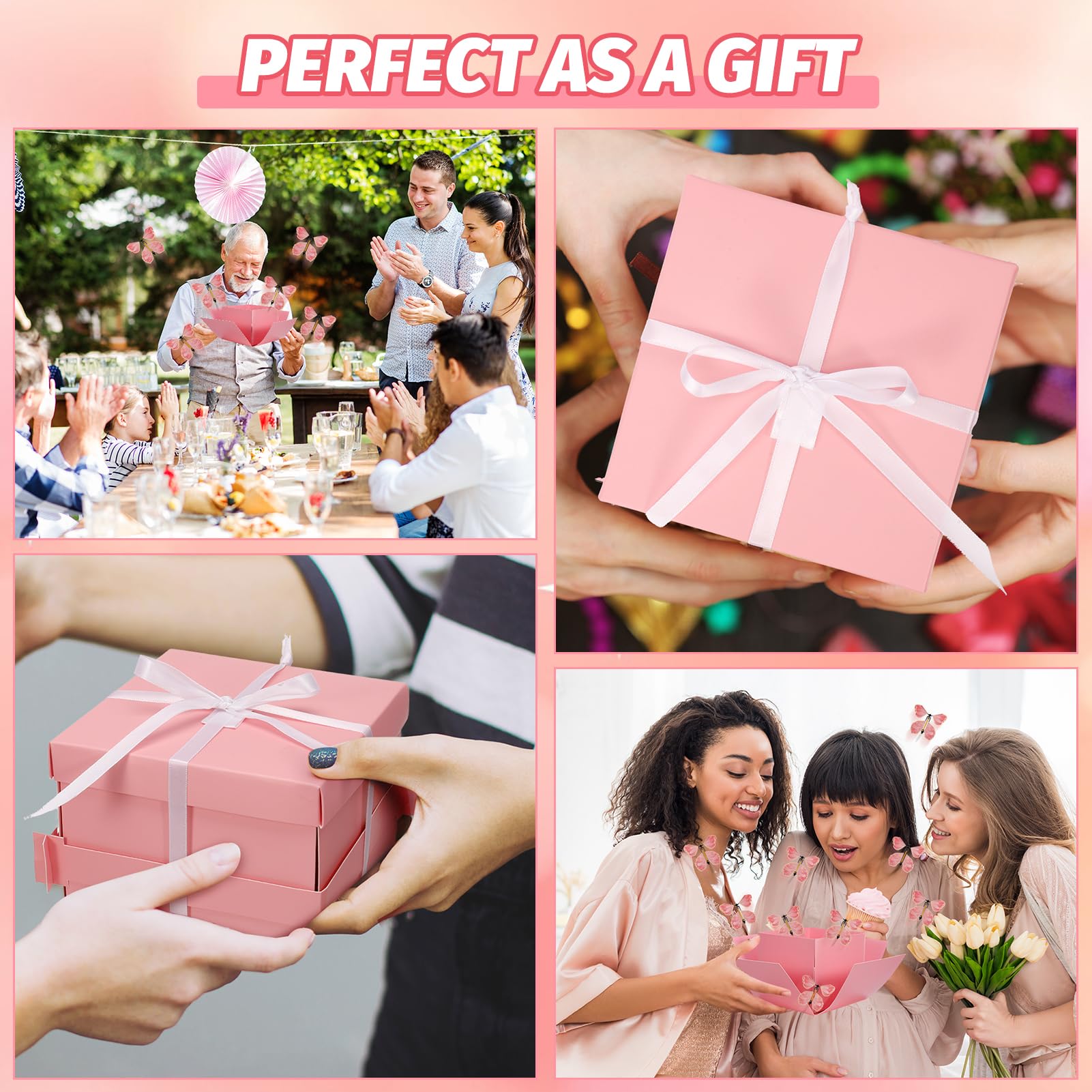 XLSXEXCL Butterfly Explosion Gift Box, Flying Butterfly Surprise Box, Exploding Butterfly Birthday Box with 8 Pcs Flying Butterfly Toy for Birthday, Wedding, Anniversaries, Christmas (Pink)