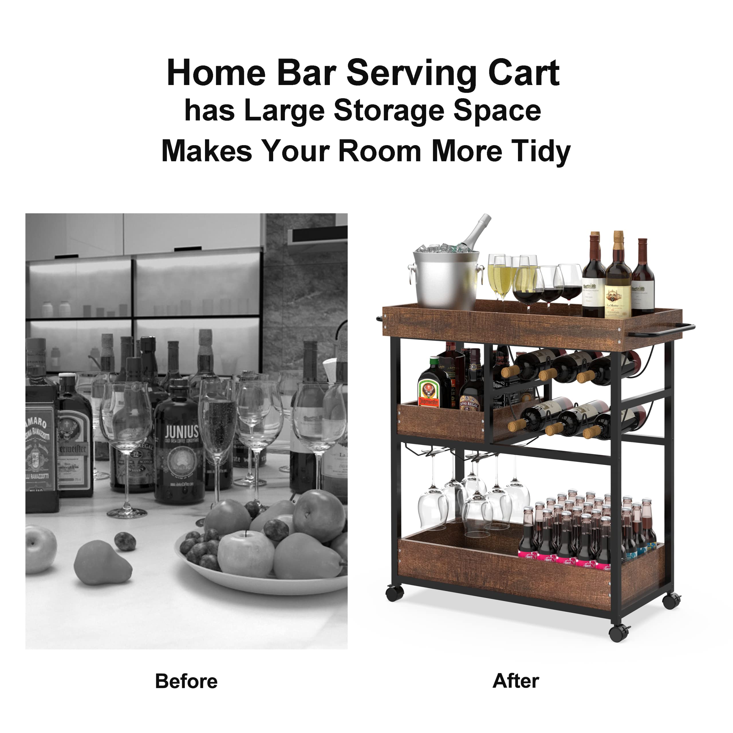 MU Bar Carts for Home, Industrial Kitchen Serving Cart,3 Tier Storage Trolley with Wine Rack Glasses Holder, Rustic Rolling Bar Cart with Removable Shelves for Home