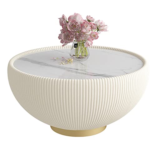 Modern Round Coffee Table, Marble Pattern Tabletop Leather Edge Sofa End Table with Metal Base,Luxurious Side Table for Home Decor Living Room(28x14.2, White)