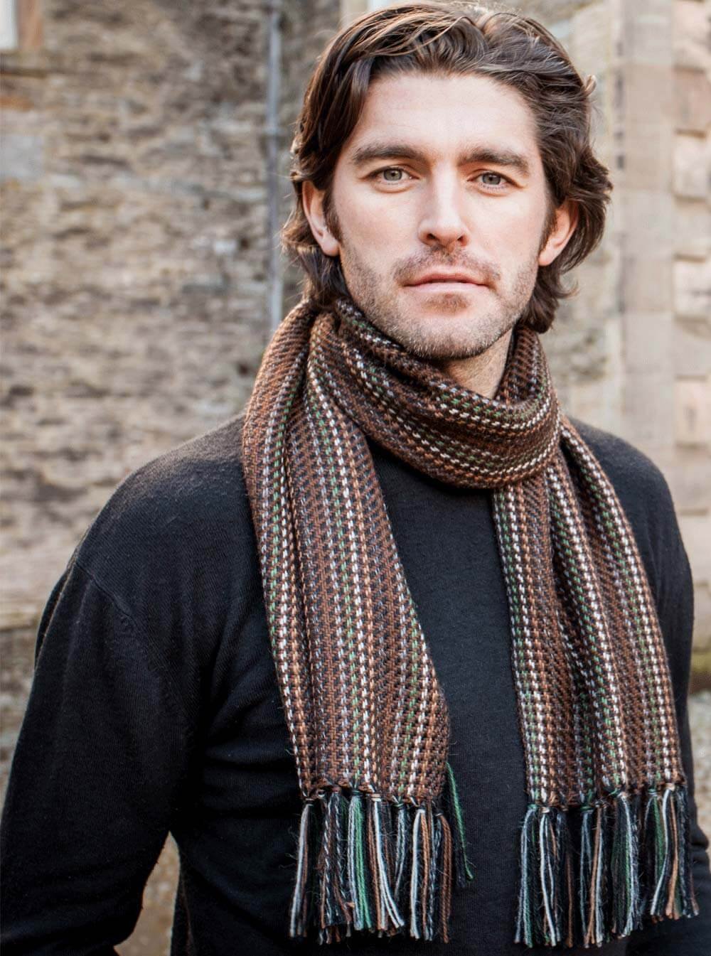 Mucros Weavers Mens Wool Scarf, Handwoven in Ireland, Traditional Fishermans Scarf (Brown)