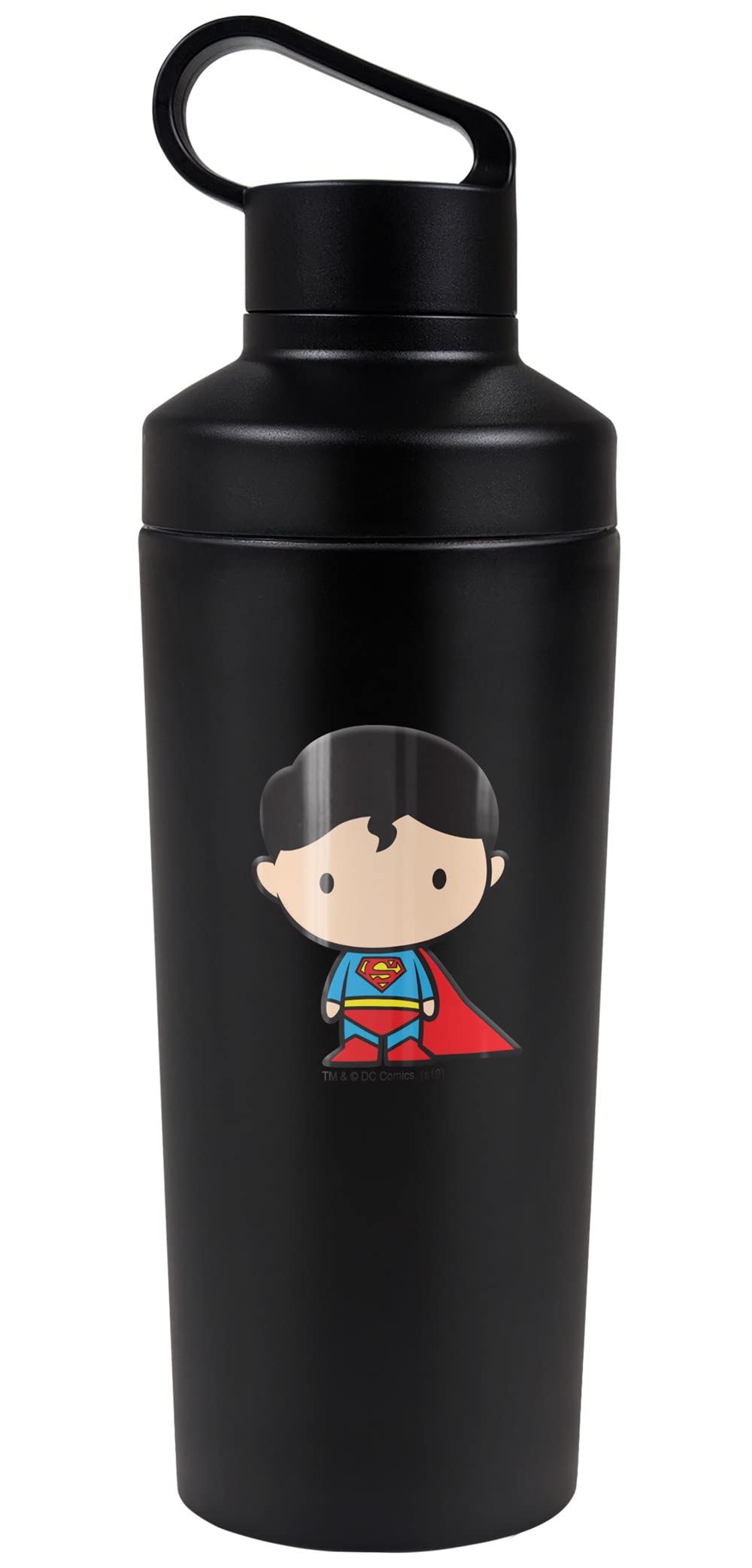 Superman OFFICIAL Superman Cute Chibi Character Pattern 18 oz Insulated Water Bottle, Leak Resistant, Vacuum Insulated Stainless Steel with 2-in-1 Loop Cap