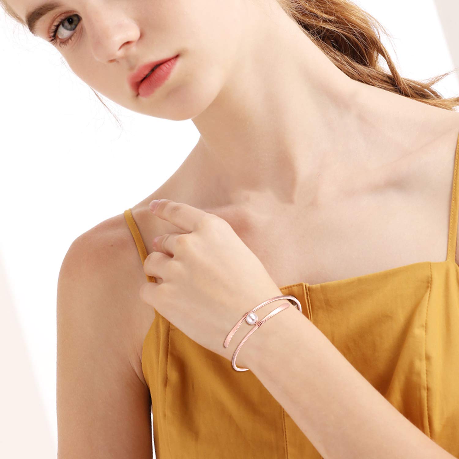 POPLYKE Sterling Silver 18K Rose Gold Single Freshwater Pearl Bangle Bracelets Wedding Bridesmaids for Women Mom (18k rose gold bangle)