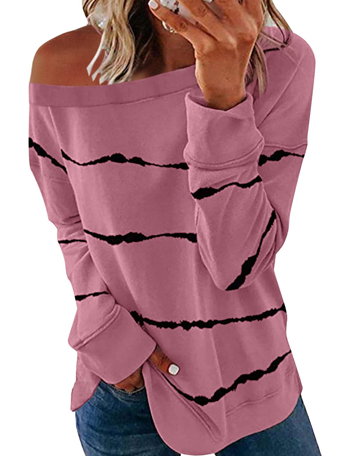 SENFURE Women Long Sleeve Sweatshirt Basic Color Block Fall Sweater Casual Loose Side Split Sweatshirt, Pink, Medium