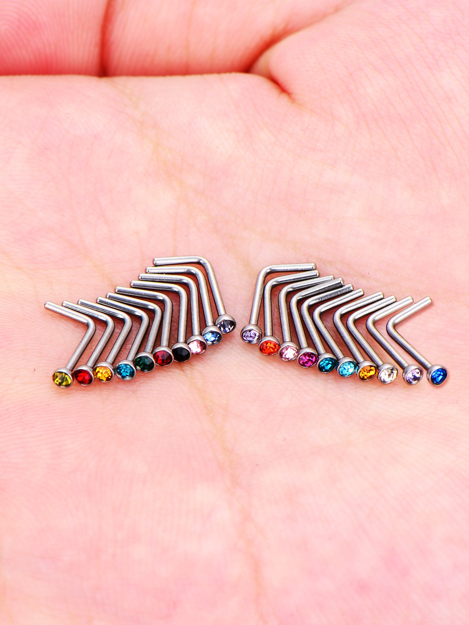 Mudder 20 Pcs Curved Nose Studs Stainless Steel Nose Ring Colorful L Shaped Crystals l Bend Nose Screw Piercing Jewelry,20 Gauge