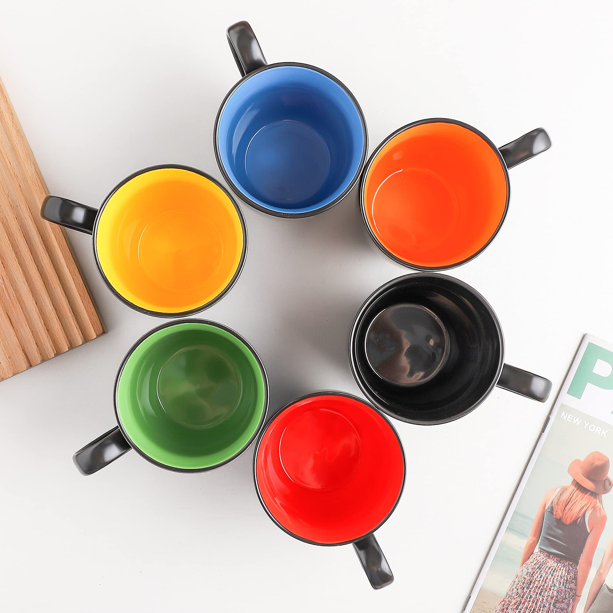 superyes Black Mugs-Sets of 6 for Coffee Cappuccino Latte Cups Set 16OZ(500ml) Red/Yellow/Blue/Green/Orange/Black Inside