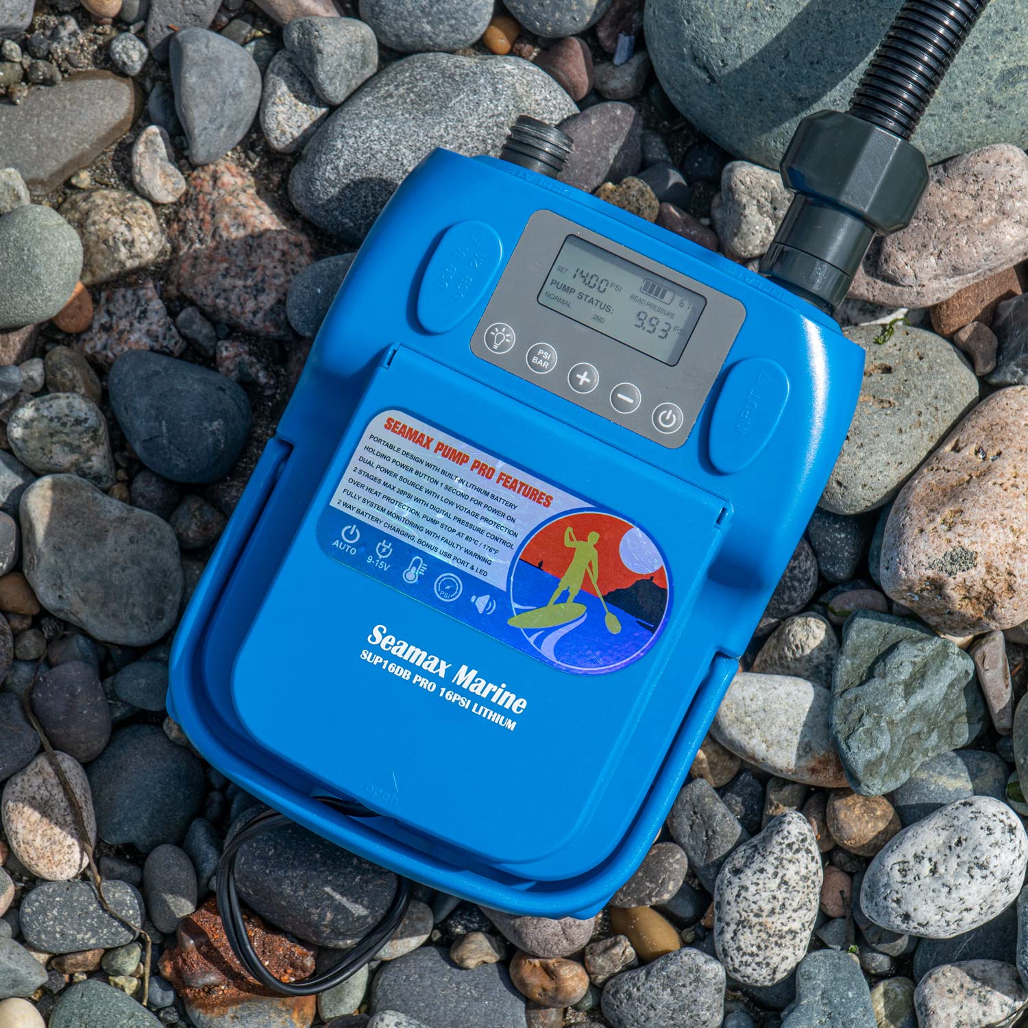 Seamax Sup 16DB PRO Double Stage 16PSI Electric Air Pump with Built-in Battery for Inflatable SUP and Boat, Intelligent Firmware with Built-in Temperature Sensor and Timer