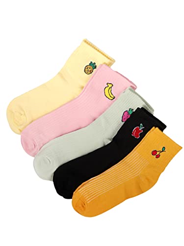 Verdusa Women's 5 Pairs Cute Printed Toe seamed Soft Crew Socks Fruit Print B one-size
