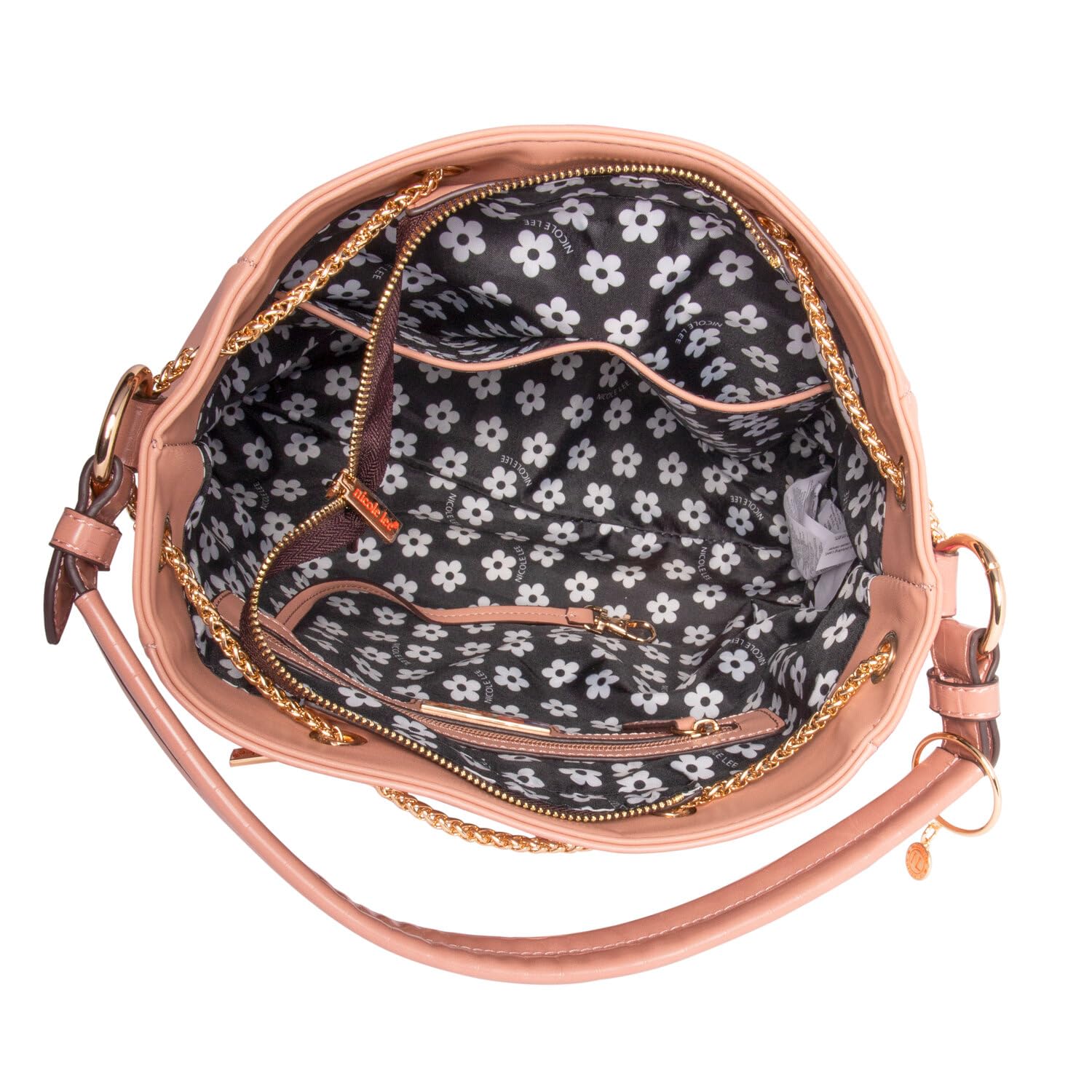 Nicole Lee Amor Fuera del Cuadro Drawstring Bag, Pink Makeup Beauty Fashion Print with Embellishments, Rhinestones