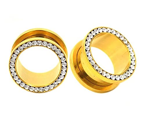 Screw-on 24k Gold PlatedPlugs/Gauges/Tunnels with Clear CZ 15/16'' (24MM) 2 Pieces (1 Pair) (A/5/3/A/10)