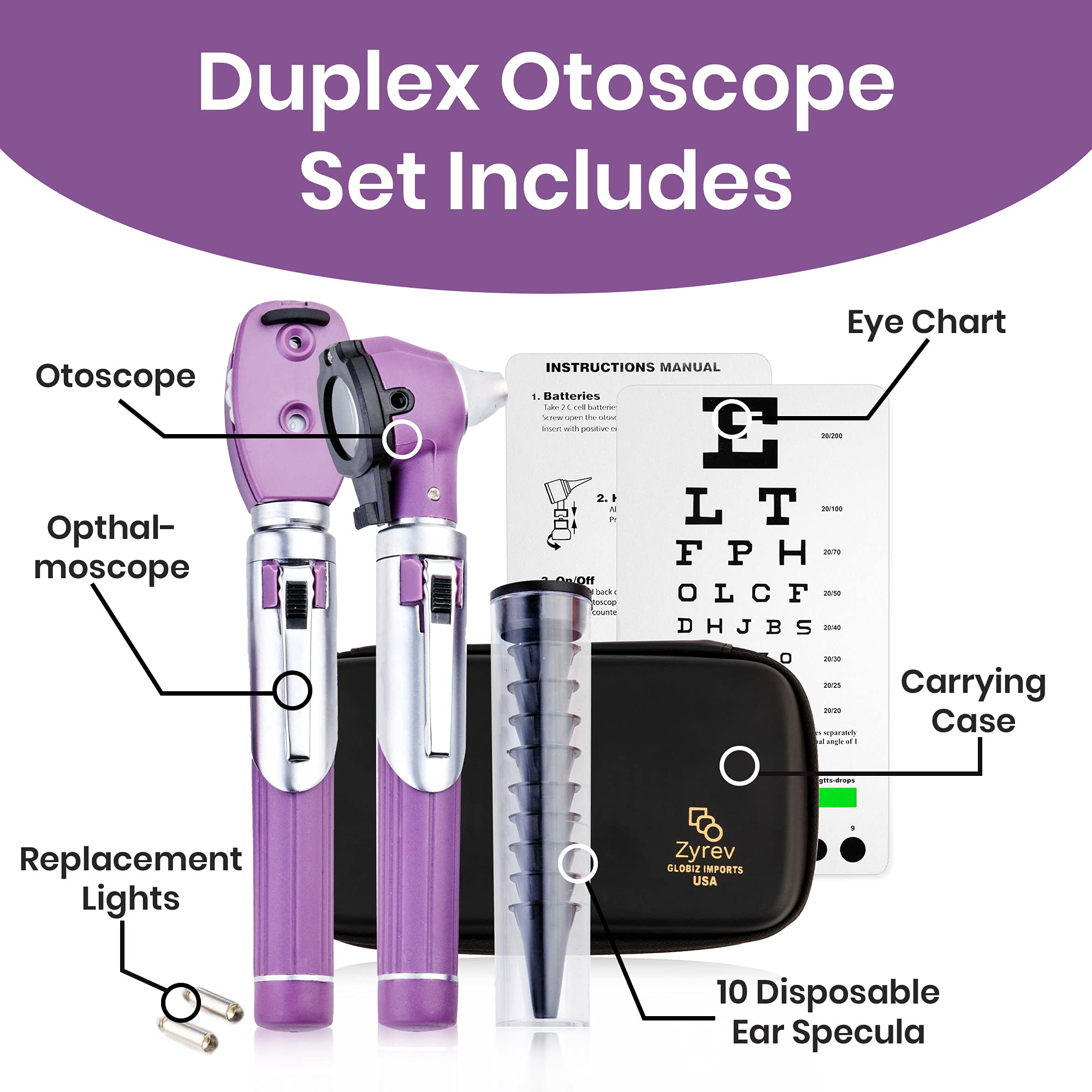 Zyrev ZetaLife Duplex Otoscope Set with 50 Extra Disposable Tips, Purple