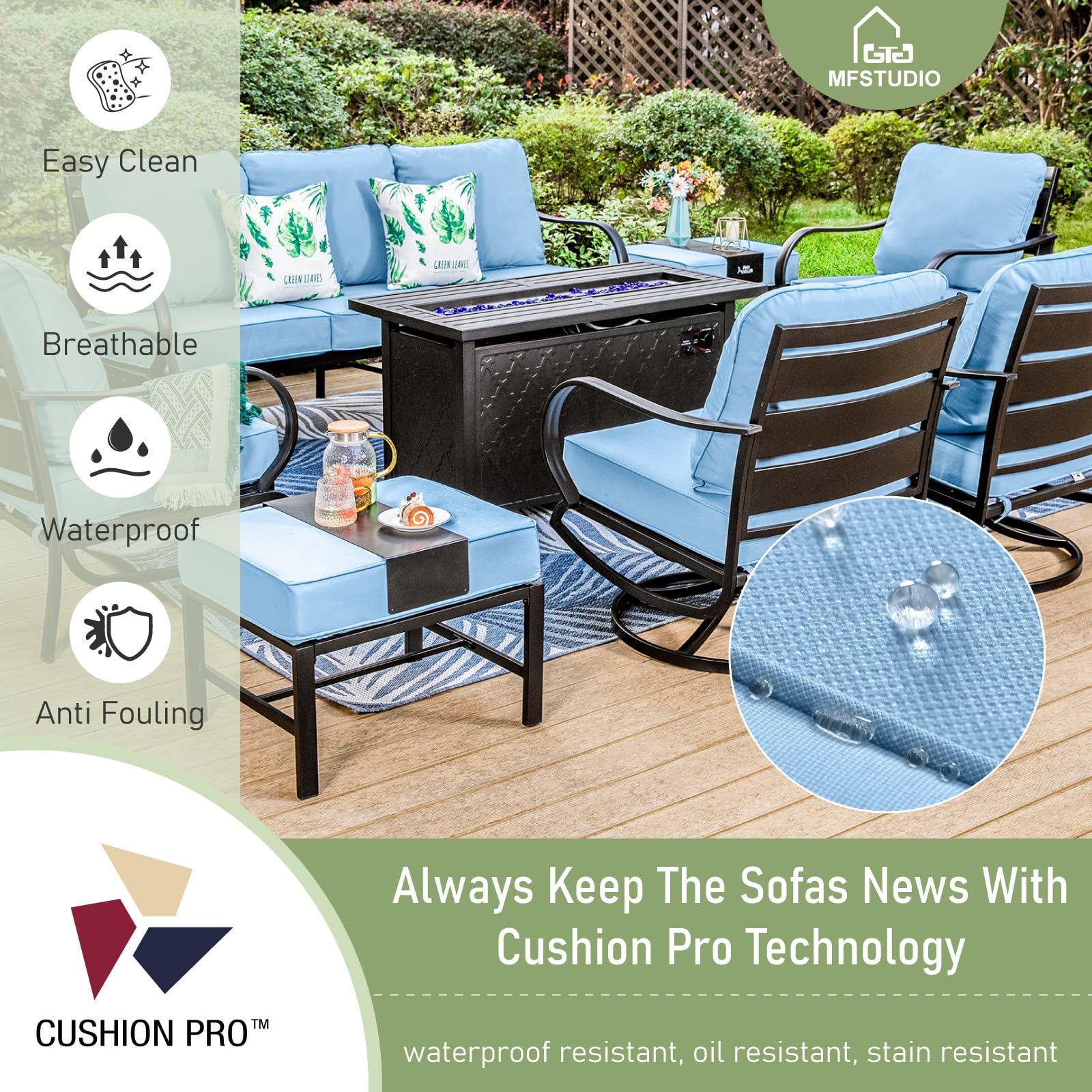 MFSTUDIO 5 Pieces Patio Conversation Sets,Outdoor Metal Furniture Sofas with 1 x 28 50,000 BTU Square Propane Fire Table and 4 x Wrought Iron Frame Rocking Chairs with Beige Cushion