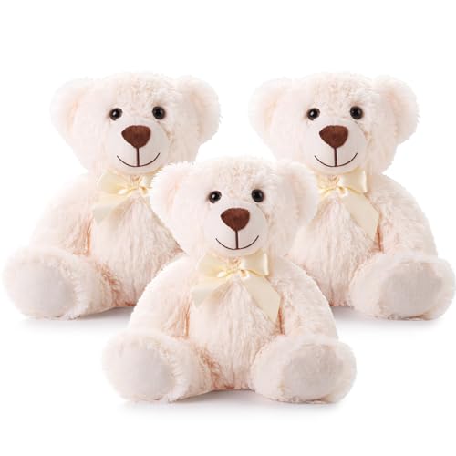 UHousDeco 3 Packs Beige Cute Teddy Bear Plush Stuffed Animals Wearing a Bow Baby Shower for Kid Gift