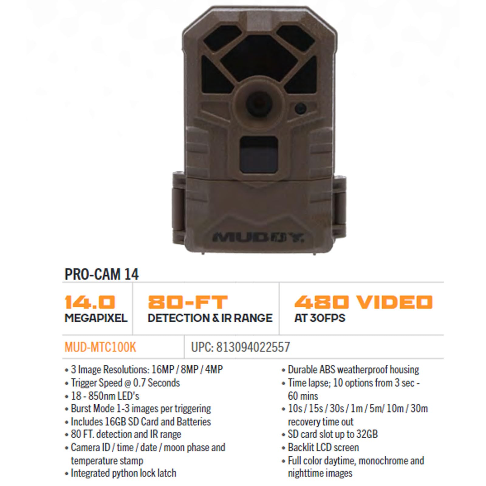 MUDDY Pro Cam 14 MTC100K Combo - 14MP & 480 Video at 30FPS 0.7 Sec Trigger Speed 80ft Detection IR Range Durable Hunting Outdoor Scouting Trail Camera, AA Batteries & 16GB Memory Card Included