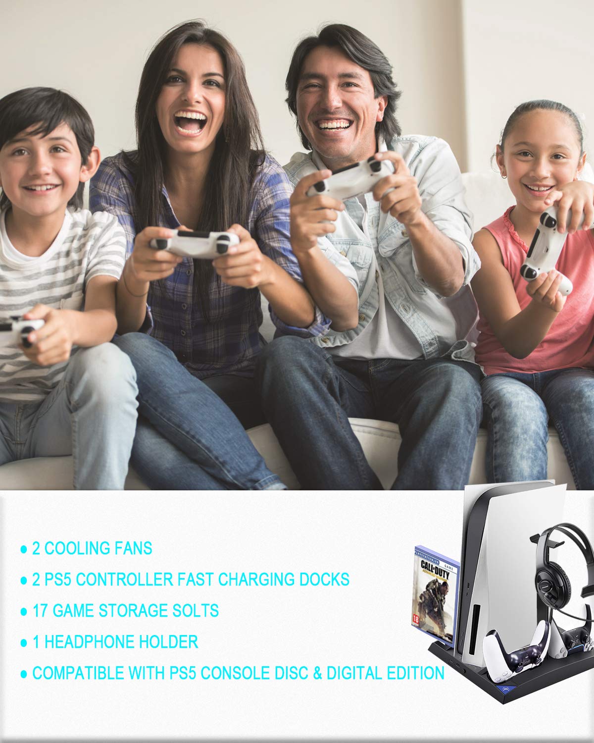 PS5 Cooling Fan Stand, arVin PS5 Stand Cooler with Dual Controller Charging Station, 1 Headset Holder & 17 Game Slots Organizer for Playstation 5 Console Digital Edition & Disc Edition