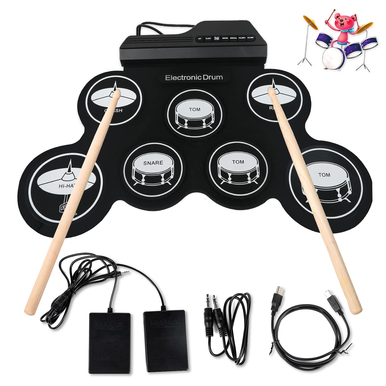Topoworl Portable USB Electronic Drum Set with Drum Stick & Pedals Practice Drum Pad Foldable Silicone Jazz Drum Electric Drum Set (Black)