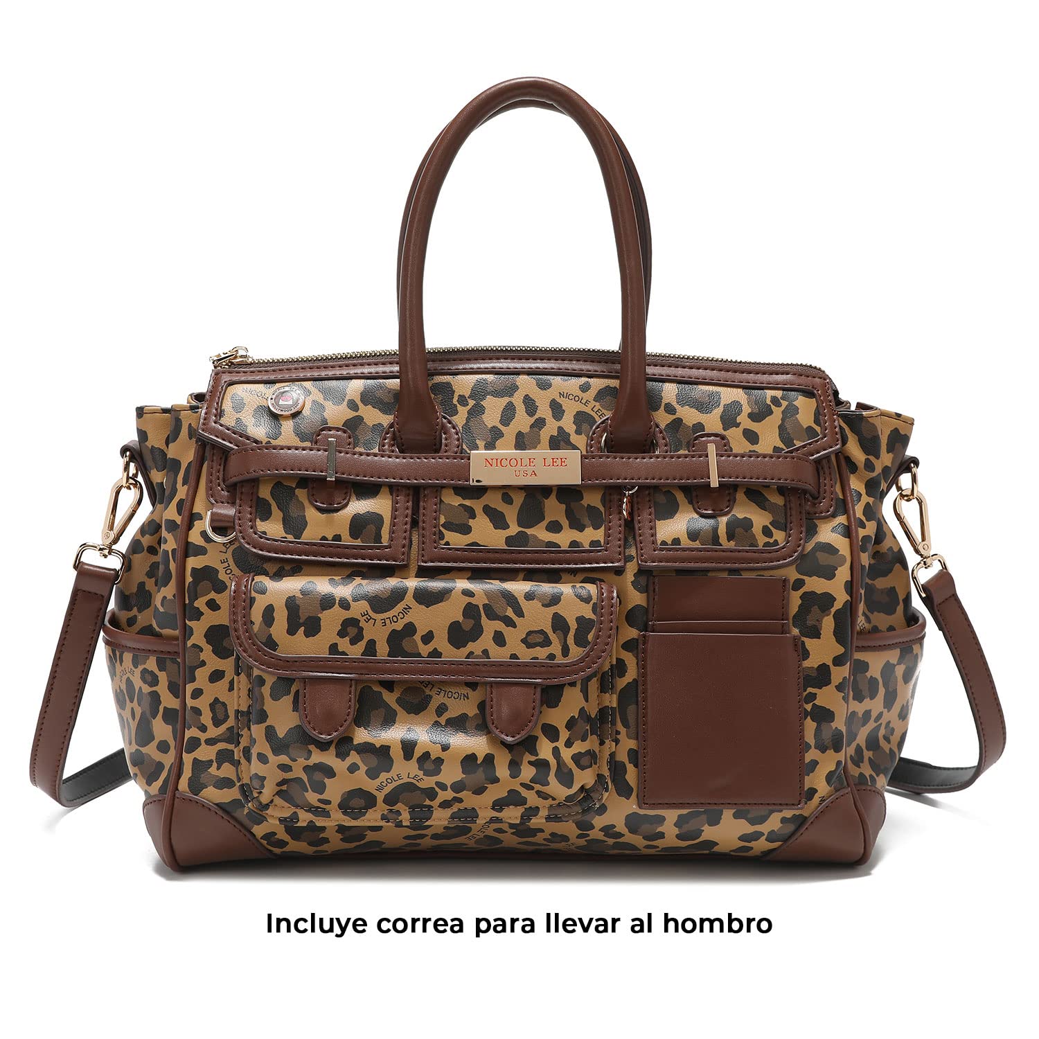 Nicole Lee Lola Leopard Print Brown/Black Medium Satchel, 8 Pockets, Phone Compartment, Card Holder, Optional Crossbody Strap