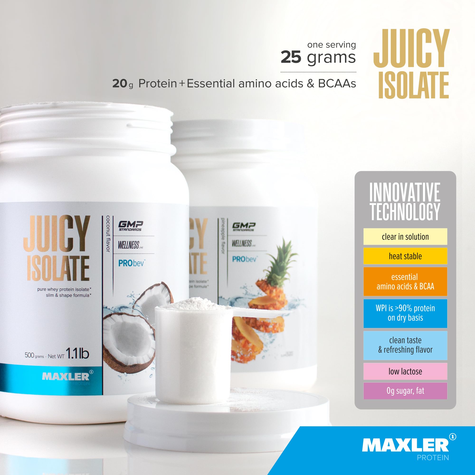 Maxler Juicy Isolate Protein Powder - Clear Whey Isolate - Low Lactose, Fat Free, Sugar Free Muscle Recovery Drink for Pre & Post Workout - 90% of Protein per Serving - Pineapple 1.1lb (20 Servings)