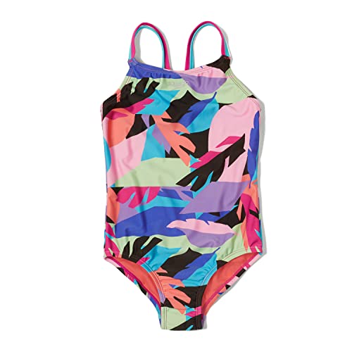 Speedo Girls' Standard Swimsuit One Piece Thin Straps, Block Tropics Anthracite, 16
