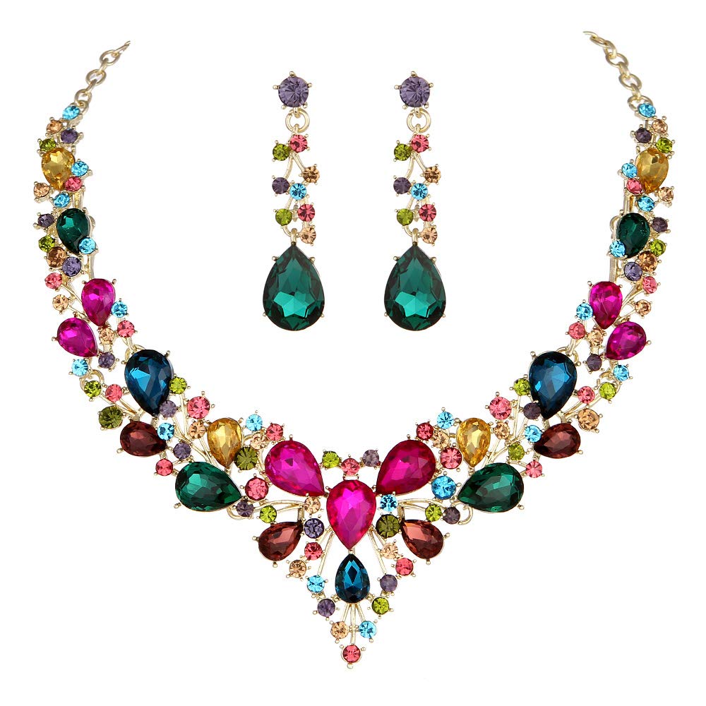 Molie Bridal Austrian Crystal Necklace and Earrings Jewelry Set Gifts fit with Wedding Dress(Multicolour)