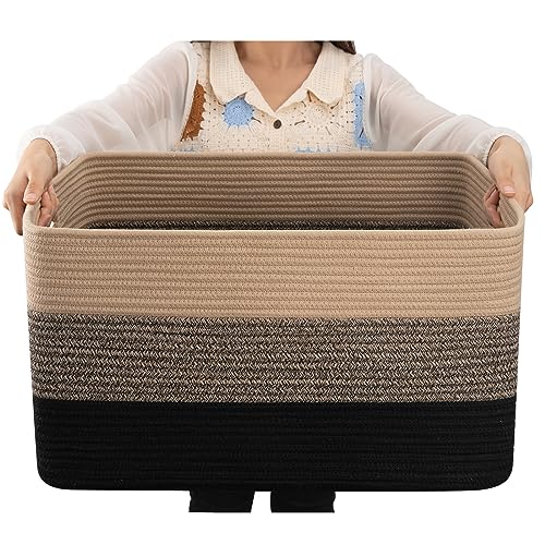 OIAHOMY Large Cotton Rope Basket, Rectangle Woven Baskets for Storage, Nursery Blanket Basket Living Room, Toy Basket with Handle, Large Baskets for Organizing-22”x17”x12”-Yellow Black