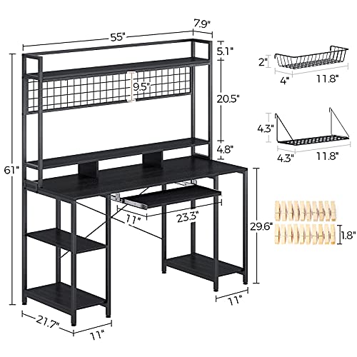 Rolanstar Computer Desk with Hutch and Keyboard Tray, 55" Office Desk with Storage Shelves, Studying Writing Desk Workstation for Home Office, Black