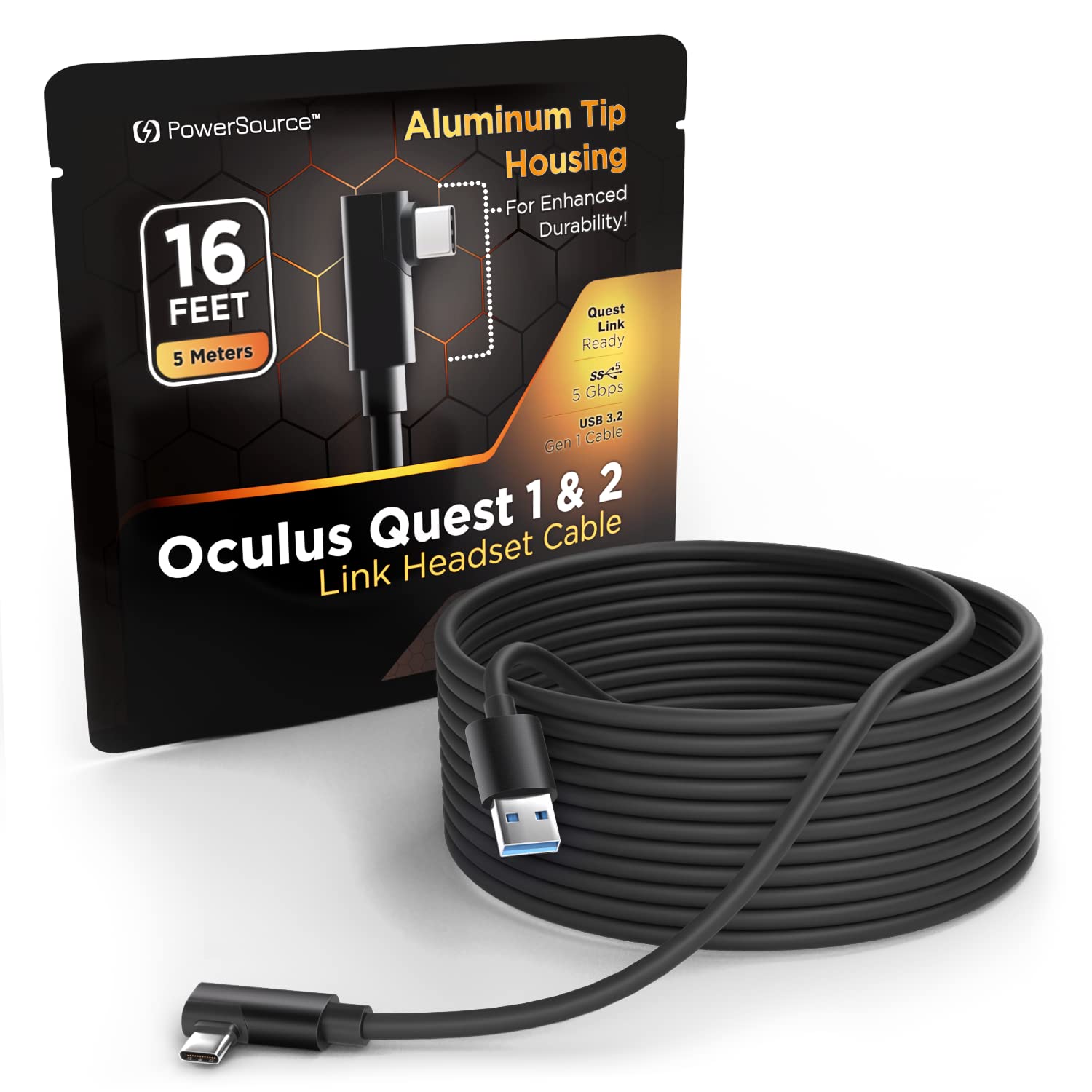 PowerSource 16ft Long Link Cable for Oculus Quest/Meta Quest 1 & 2 High Speed Data Transfer & Charging, USB 3.2 Gen 1 for Gaming Laptops & PCs, Aluminum Shell, Provides MAXIMUM Data Transfer Rates