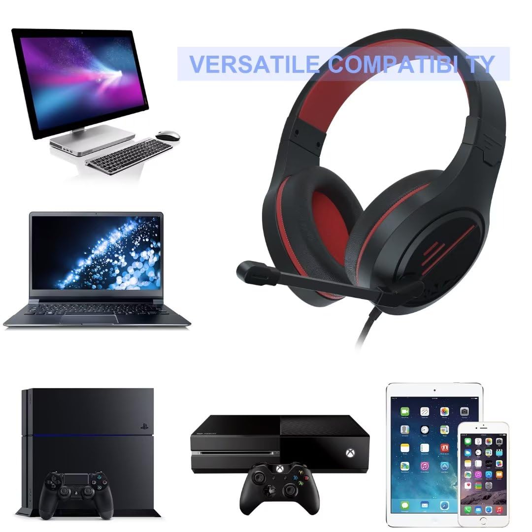 Mokochy 3.5mm Gaming Headset for PC,Headphone with Microphone Wired Headset Passive Noise canceling Earmuffs 50mm Neodymium Magnet Speaker Headset- Red