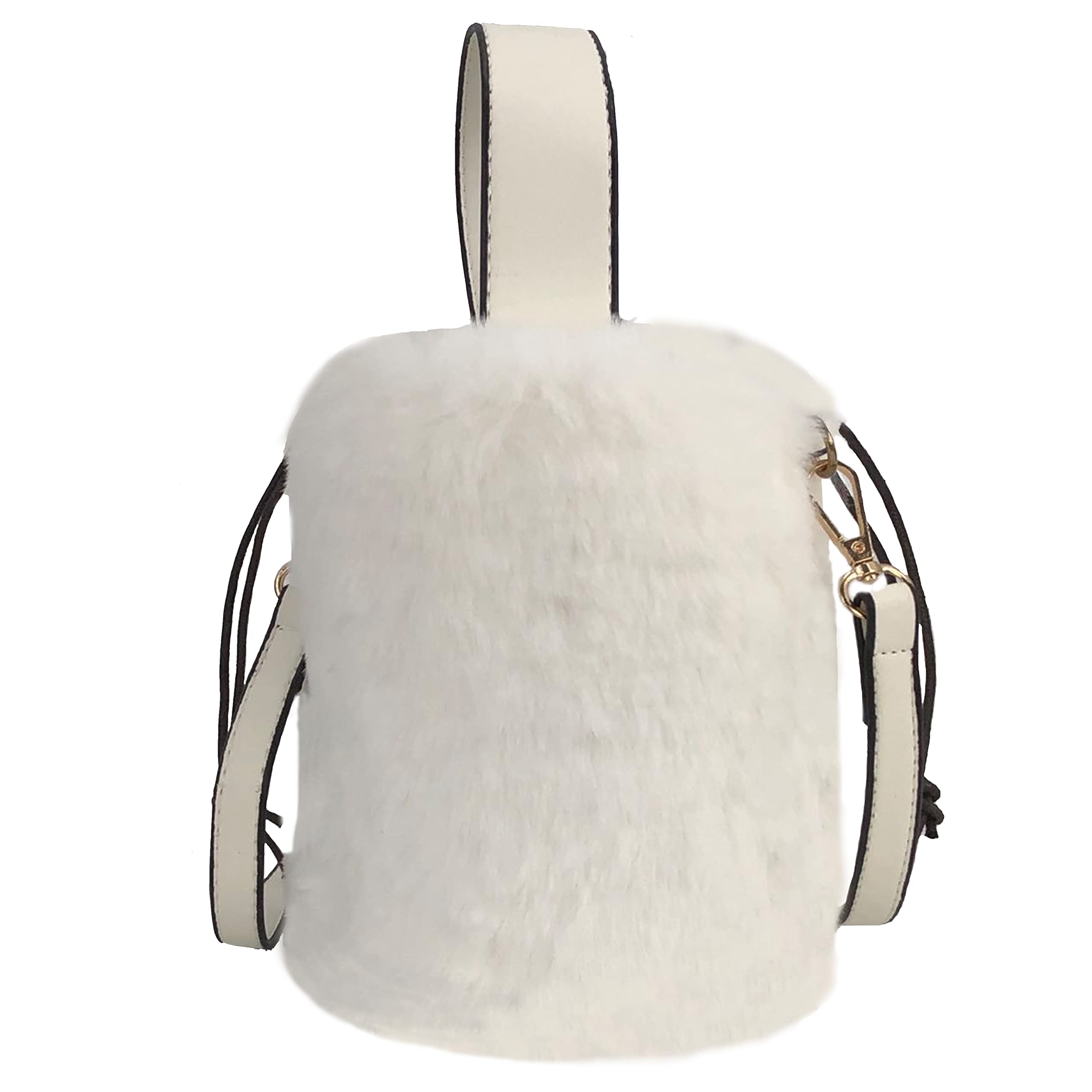TANJUR Plush Cylinder Bucket Bag Women Vogue Handbag Faux Leather Top-Handle Tote Shoulder Bag (White)