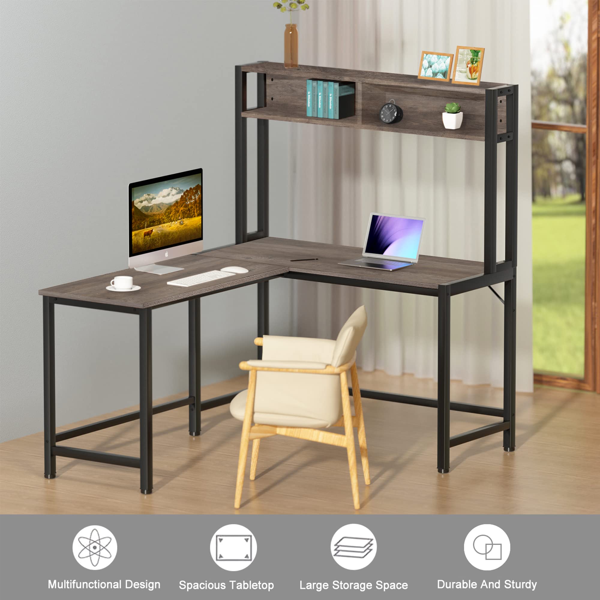 TechLand L Shaped Desk with Hutch, 55 Inch Corner Computer Desk Gaming Table Workstation with Storage Shelves Bookshelf, Study Writing Space Saving Desk for Home Office Grey SMDK006GR 0