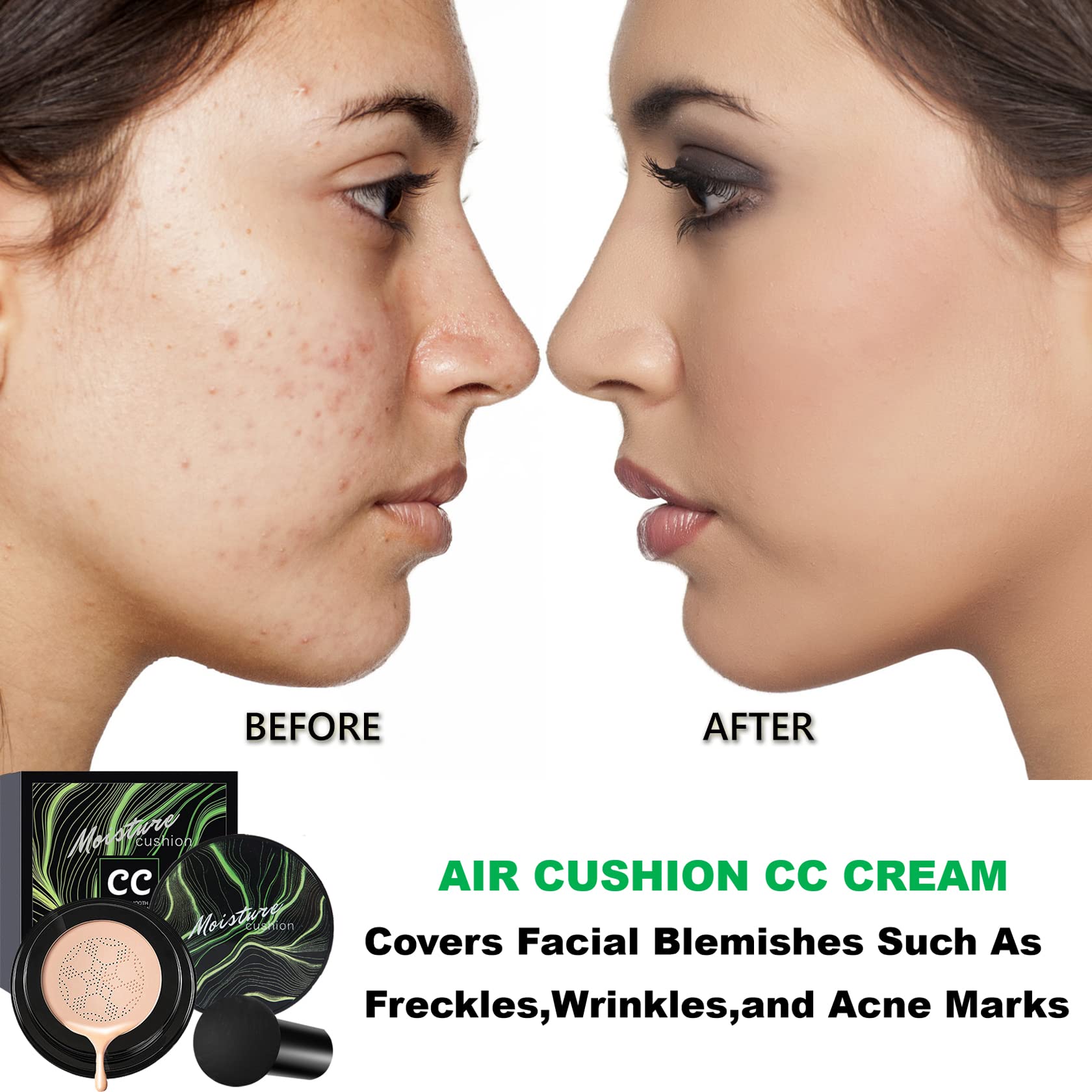 QIUFSSE Mushroom Head Air Cushion CC Cream Foundation, Mushroom Head Foundation BB Cream Makeup Foundation Concealer Brighten Long-lasting Oil Control and Moisturizing-Natural